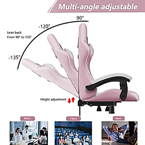 Computer Gaming Chair for Girl Teens, Seat Height Adjustable and Lumbar & Head Support Pink and White