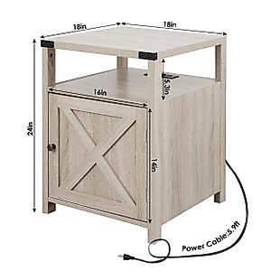 HOSEOKA Farmhouse Nightstand with Charging Station, Rustic End Table Bedroom with Storage Living Room Side Table Beige Night Stand Industrial Bedside Bed Table with USB Ports and Outlets