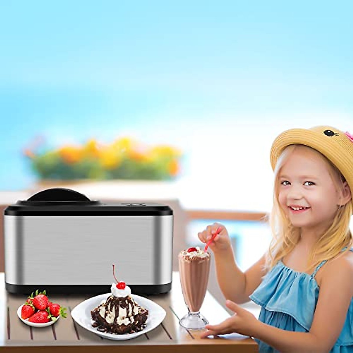 KUMIO 1.5 Quart Ice Cream Maker with Compressor, No Pre-Freezing, 4 Modes Ice Cream Maker Machine with LCD Display, Timer, Automatic Gelato & Yogurt Machine, Stainless Steel