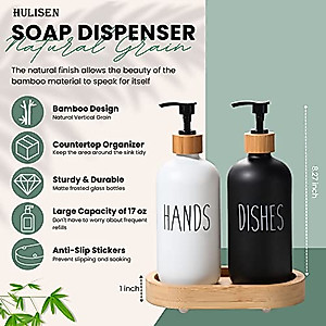 HULISEN Dish Soap Dispenser Set with Bamboo Tall Tray, Kitchen Soap Dispenser Set, Matte Hand and Dish Soap Dispenser Set for Modern/Boho/Farmhouse Kitchen Decor (Black & White)