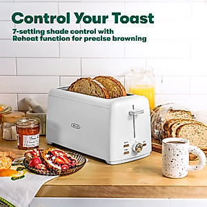 BELLA 4 Slice Toaster, Long Slot & Removable Crumb Tray, 7 Shading Options with Auto Shut Off, Cancel & Reheat Button, Toast Bread & Bagel, White