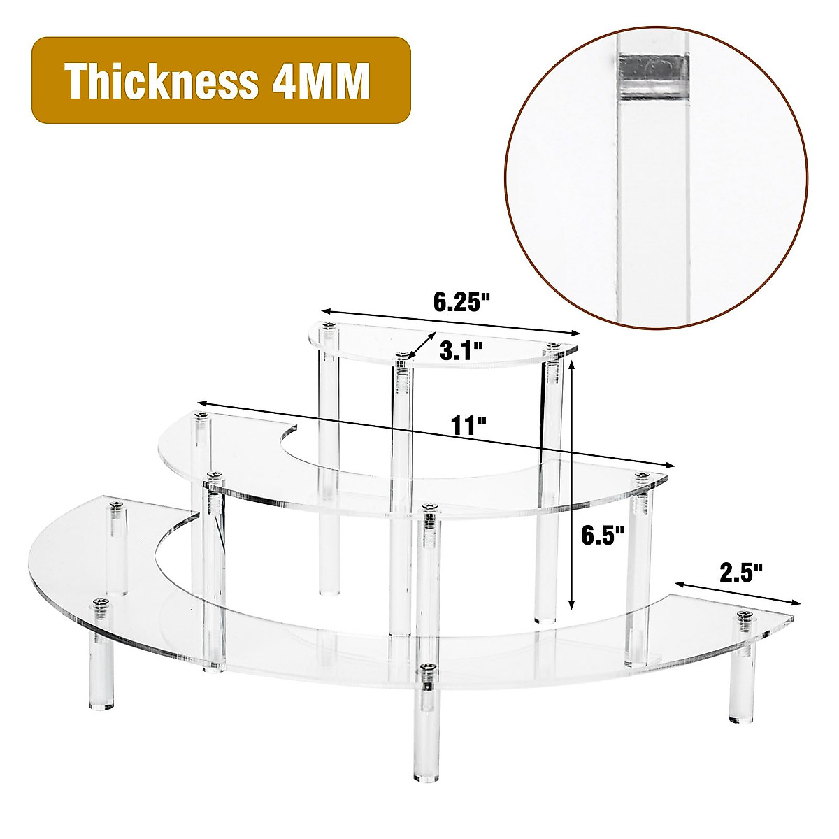 Anglelife 2 Set, Half Moon Acrylic Display Risers, 3 Tier Clear Perfume Stand Organizer, Cupcake Stand Risers, Dessert Stand, Clear Shelf Risers Display Stand for Food, Amiibo Funko POP Figure