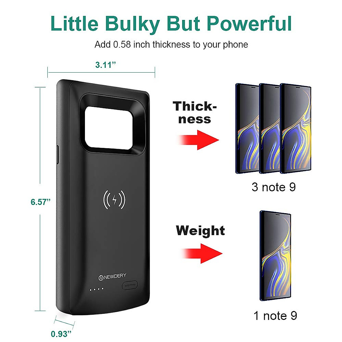 NEWDERY Upgraded Galaxy Note 9 Battery Case Qi Wireless Charging Compatible, 10000mAh Rechargeable Extended Charger Case (Raised Bezel - Air Cushion Technology) Compatible Samsung Note 9 (Black)