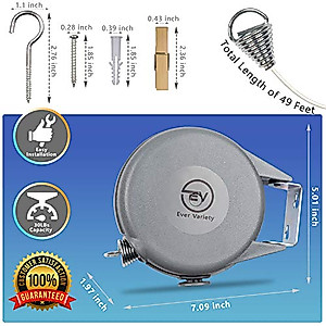 Ever Variety Retractable Clothesline Indoor and Outdoor Cord 49 Feet, Heavy Duty 30lbs Weight Capacity Clothes Line Retracting Indoor, Space Saving and Easy Installation Laundry Extendable Clothesline