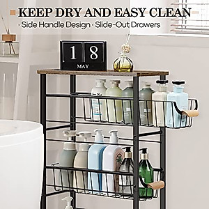 Shinoske Slim Rolling Storage Cart,4-Tier Rolling Kitchen Cart,Narrow Utility Cart with Pull-Out Basket and Wooden Top,for Ktichen,Bathroom,Laundry Room,Small Space,Rustic Brown