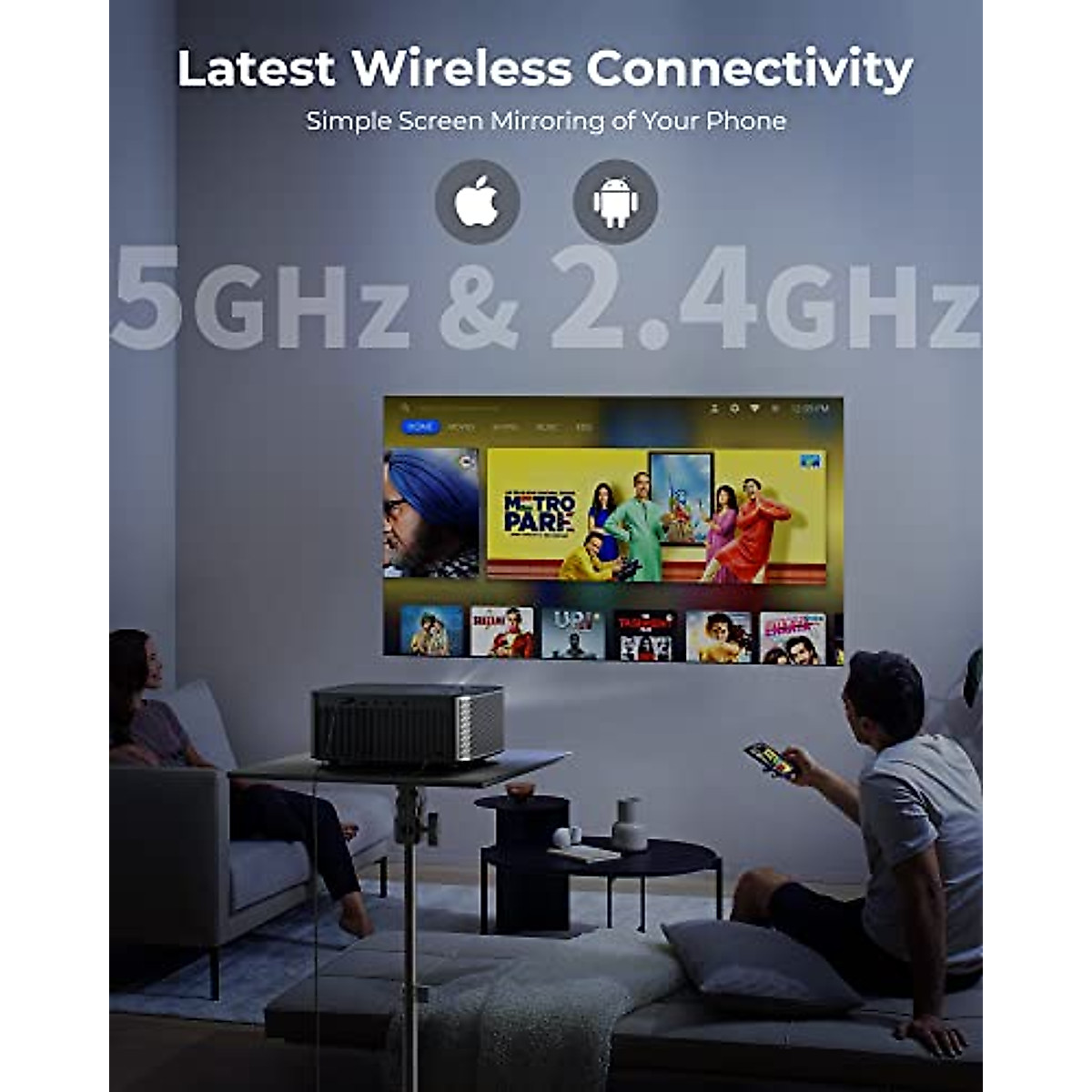 Projector with WiFi and Bluetooth, TURBOAMP 5G Native 1080P Movie Projector, 4K Supported, 300 ANSI Lumen 200" Display Home Movie Theater Projector, Compatible w/TV Stick/Phone/PC/PS5