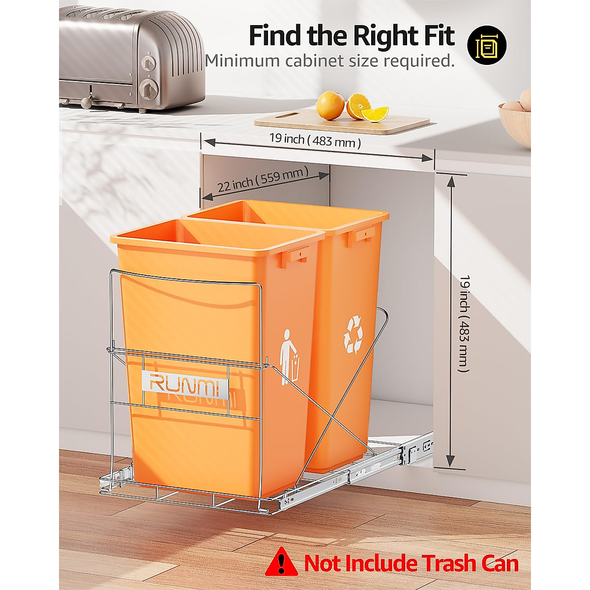 Double 37 Quart Pull Out Trash Can Under Cabinet, Under Sink Trash Can Rack, 70 Liter Total Capacity, Cabinet Trash Can Pull Out Kit, Not Included Can