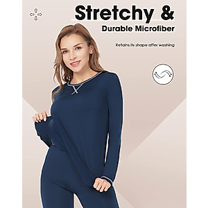 MANCYFIT Thermal Underwear for Women Fleece Lined Tops and Bottoms Base Layer for Cold Weather, Long Johns Sets Navy and White Lines X-Large