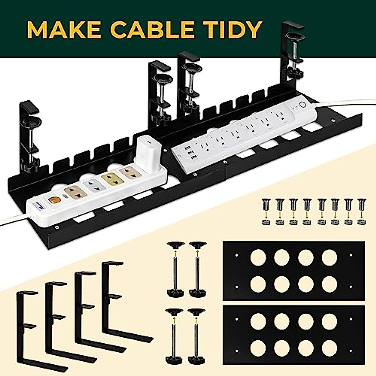 Metal Cable Management Tray Under Desk with Clamp Retractable Cord Organizer for Desk No Drill Cable Tray Basket for Wire Management Sturdy Metal Cable Management Under Desk with Clamp for Home Office