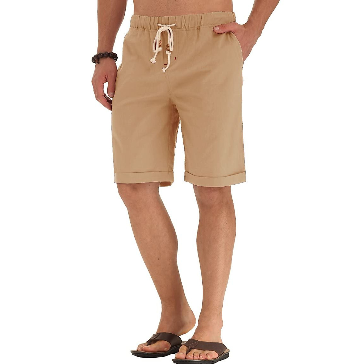 NITAGUT Men's Linen Casual Classic Fit Short Drawstring Summer Beach Shorts (S (US 32-34), 02Khaki)