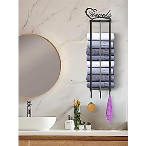 Towel Racks for Bathroom Wall Mounted, New Upgraded 3 in 1 Wall Towel Rack for Rolled Towels, Bathroom Towel Storage with 3 Hooks, Metal Bath Towel Holder for Folded Large Towel Washcloths (Black)