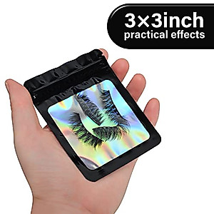 100-pack mylar bags with clear window holographic smell proof packaging bag for small bussiness resealable lock zipper zip sealable pouch plastic bags sample, food ,jewelry,candy supplies（3×3 inch，black ）