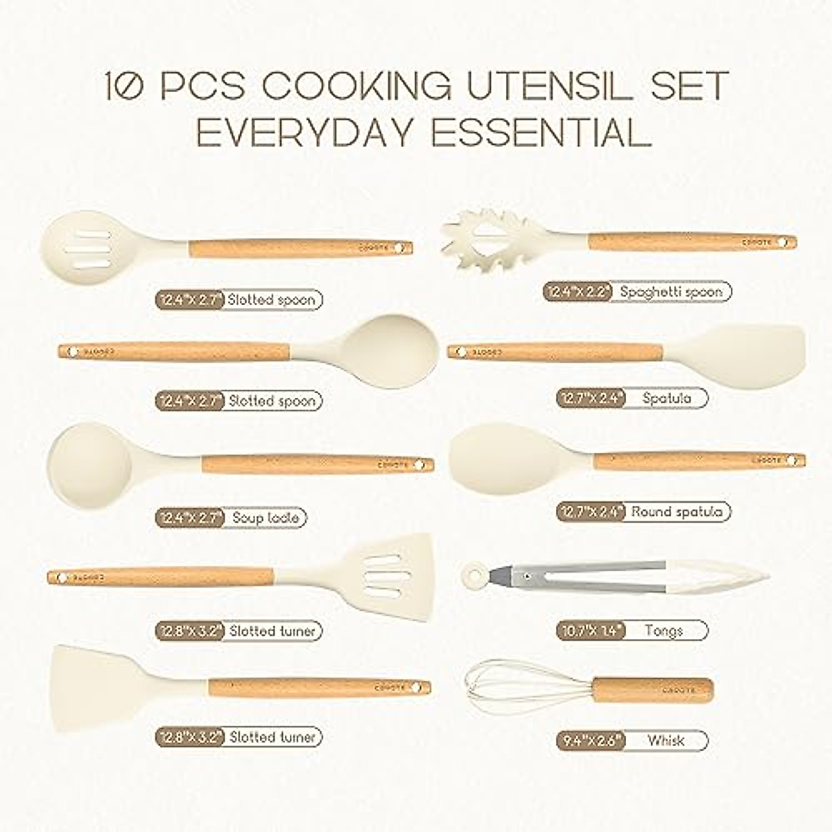 CAROTE Silicon Cooking Utensils Set for Kitchen,446°F Heat Resistant 10 pcs Non-Stick Cooking Set with Wooden Handle Spatula Turner Spoon Tongs Whisk