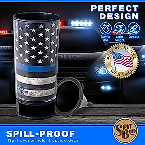 Blue Lives Matter by Spit Bud - The Ultimate Spittoon for Chew - Portable Dip & Snuff Cup with Lid, Pop Tab, Spill-Proof Funnel, Can Cutter & Holder - Fit in Cup Holders - Holds 8oz - Made in USA