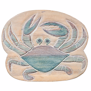 Sea Island Imports Blue Crab Design Hand Carved Acacia Hardwood Decorative Short Stool