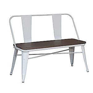 Whi Rustic Industrial Metal & Solid Wood Back in White Bench