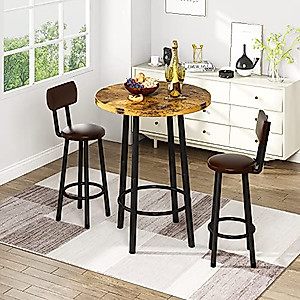 Recaceik 3 Piece Pub Dining Set, Modern Round bar Table and Stools for 2 Kitchen Counter Height Wood Top Bistro Easy Assemble for Breakfast Nook Living Room Small Space Restaurant, Rustic Brown 23.6"