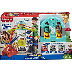 Fisher-Price Little People Toddler Playset Launch & Loop Raceway Race Track with Lights Sounds & 2 Toy Cars for Ages 18+ Months