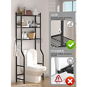 GloTika 3-Tier Over The Toilet Storage, Space Saver Metal Bathroom Shelves, Freestanding Above Over Toilet Storage Shelf with 4 Hooks for Bathroom, Black