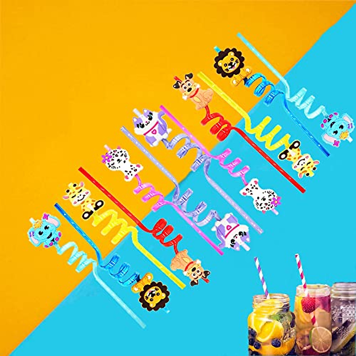 zhenzhe 24 Jungle Party Favors Reusable Straws, Jungle Animal Plastic Straws, Animal Theme Drinking Straws for Kids Jungle Birthday