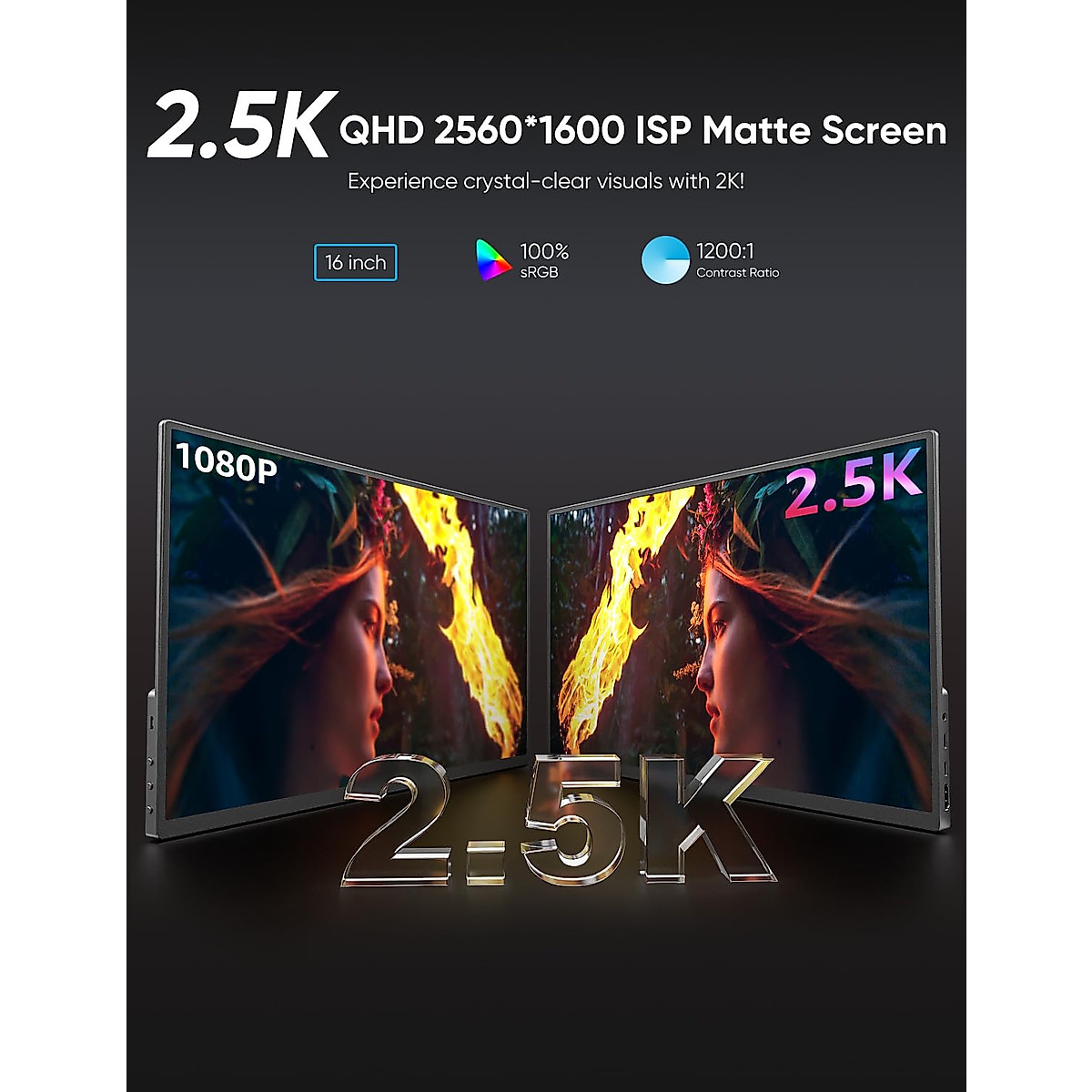 2.5K Portable Monitor for Laptop16 Inch 2560 * 1600 100% sRGB Comupter Gaming Display with HDR USB C HDMI, Ideal for Travel, Second, Extend Screen
