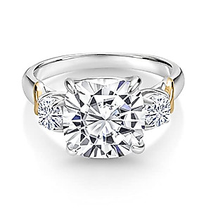 Gem Stone King 925 Sterling Silver and 10K Yellow Gold Cushion 10MM Gemstone Birthstone and Round 4MM White Moissanite 3 Stone Ring For Women Available In Size 5, 6, 7, 8, 9