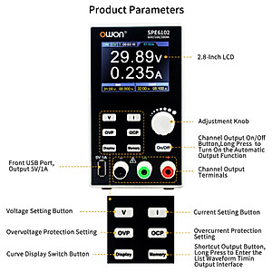 OWON Lab Power Supply (0-60V 0-10 A), Programmable 200w Bench DC Power Supply with 2.8 inch LCD Display and Output Enable/Disable Button,Single Channel Output with PC Software and USB Charging SPE6102