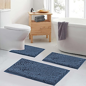 Blue Bath Toilet Rugs Chenille Bath Mats Set 2 Piece Extra Soft and Absorbent Shaggy Rugs, Machine Wash and Dry, Perfect Plush Bath Mats for Tub, Shower, Bathroom ​Decor, Washable Carpets Set