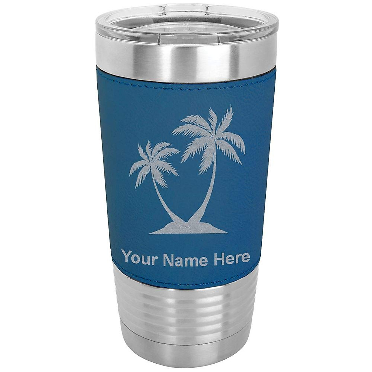 LaserGram 20oz Vacuum Insulated Tumbler Mug, Palm Trees, Personalized Engraving Included (Faux Leather, Blue)