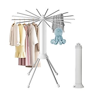 crystine Laundry Racks for Drying Clothes Octopus Cylinder Portable Clothes Rack with Four Wheels and 16 Drying Rods Space Saving Drying Rack, Suitable for Balcony, Bedroom, Indoor and Outdoor (Grey)