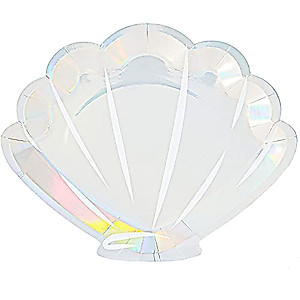 Sparkle and Bash 48 Pack Holographic Seashell Paper Plates for Girls Mermaid Birthday Party Supplies - 9 Inch Silver Foil Sea Shell Plates