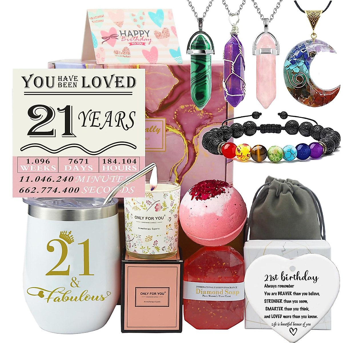 Carselage 21st Birthday Gifts for Her, Unique 21 Years Old Crystal Gifts Basket Decorations for Women, Friends, Younger Sister, Daughters, BFF, Granddaughters