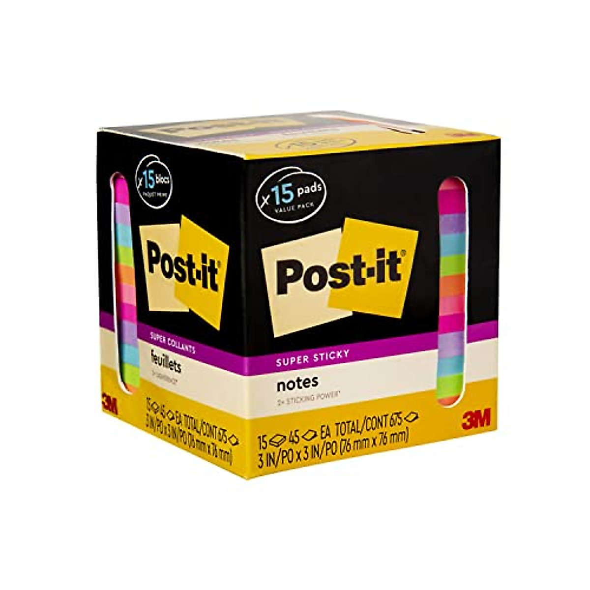 Post-it Super Sticky Notes, 3x3 in, 15 Sticky Note Pads, 2x the Sticky Power, Bright Colors, Post-it Notes, Super Sticky Note Pads, Stick Notes, Sticky Pad, Colorful Sticky Notes Pack (654-15SSCP)