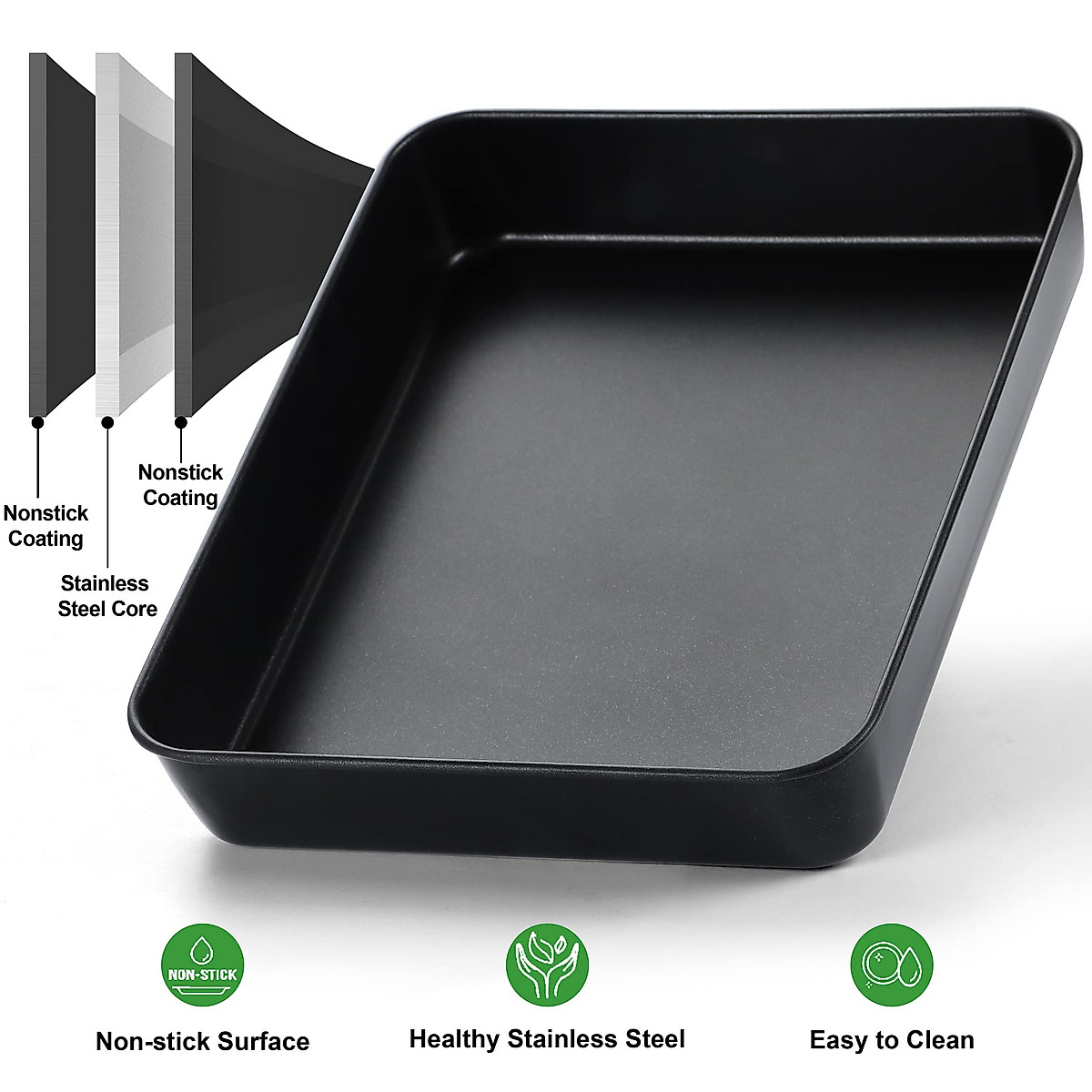 LIANYU 2 Pack Stainless Steel Baking Pan with Lid, 12⅖ x 9¾ x 2 Inch Lasagna Rectangle Cake Pan, Black Nonstick Bakeware for Brownie Bread Chicken, Stackable, Oven Safe