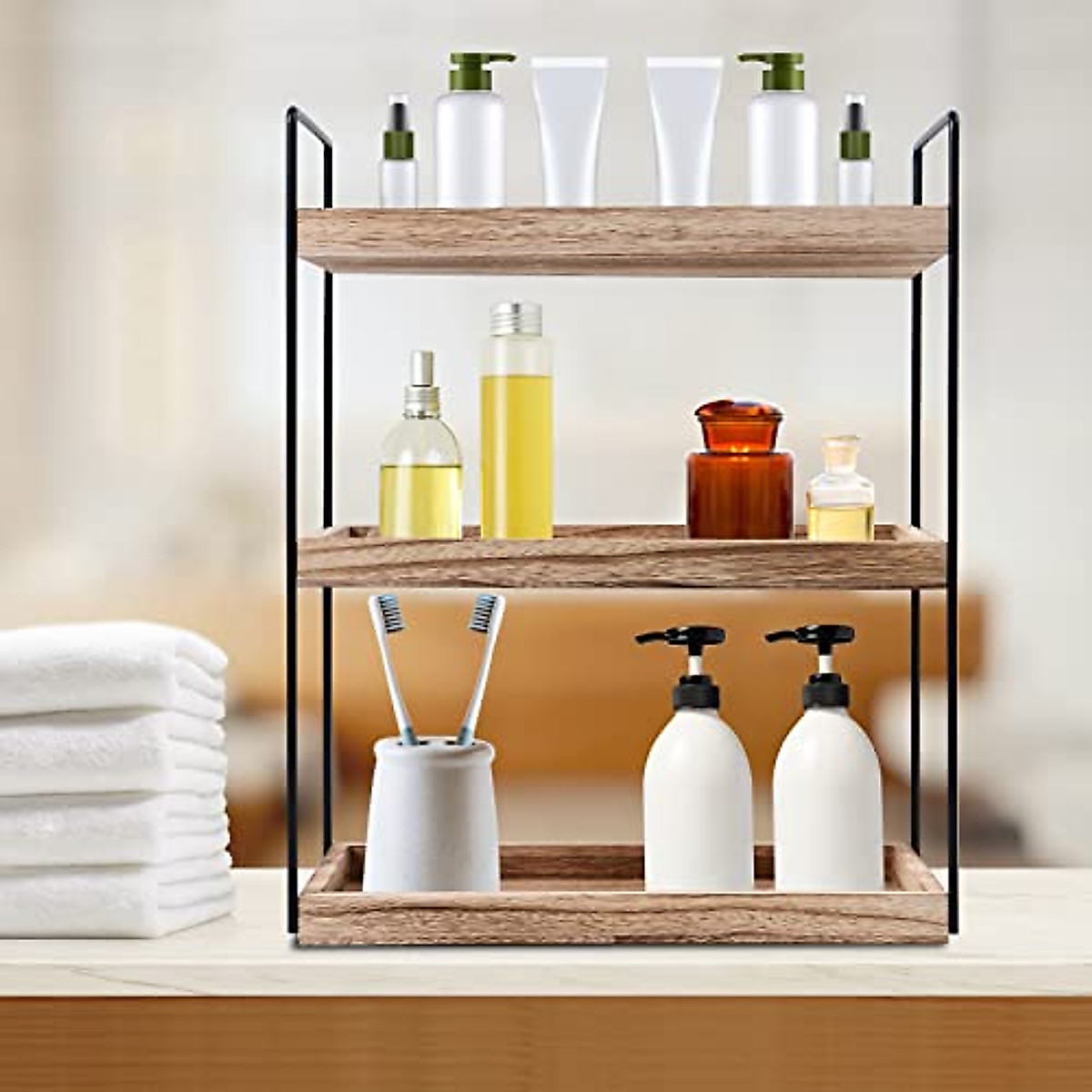 3 Tier Bathroom Organizer Countertop, Wood Vanity Organizers and Storage, Bathroom Trays for Counter, Standing Rack Cosmetic Holder