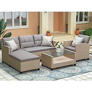 Merax 4 Piece Outdoor Patio Furniture Sets Conversation Set Wicker Ratten Sectional Sofa with Seat Cushions