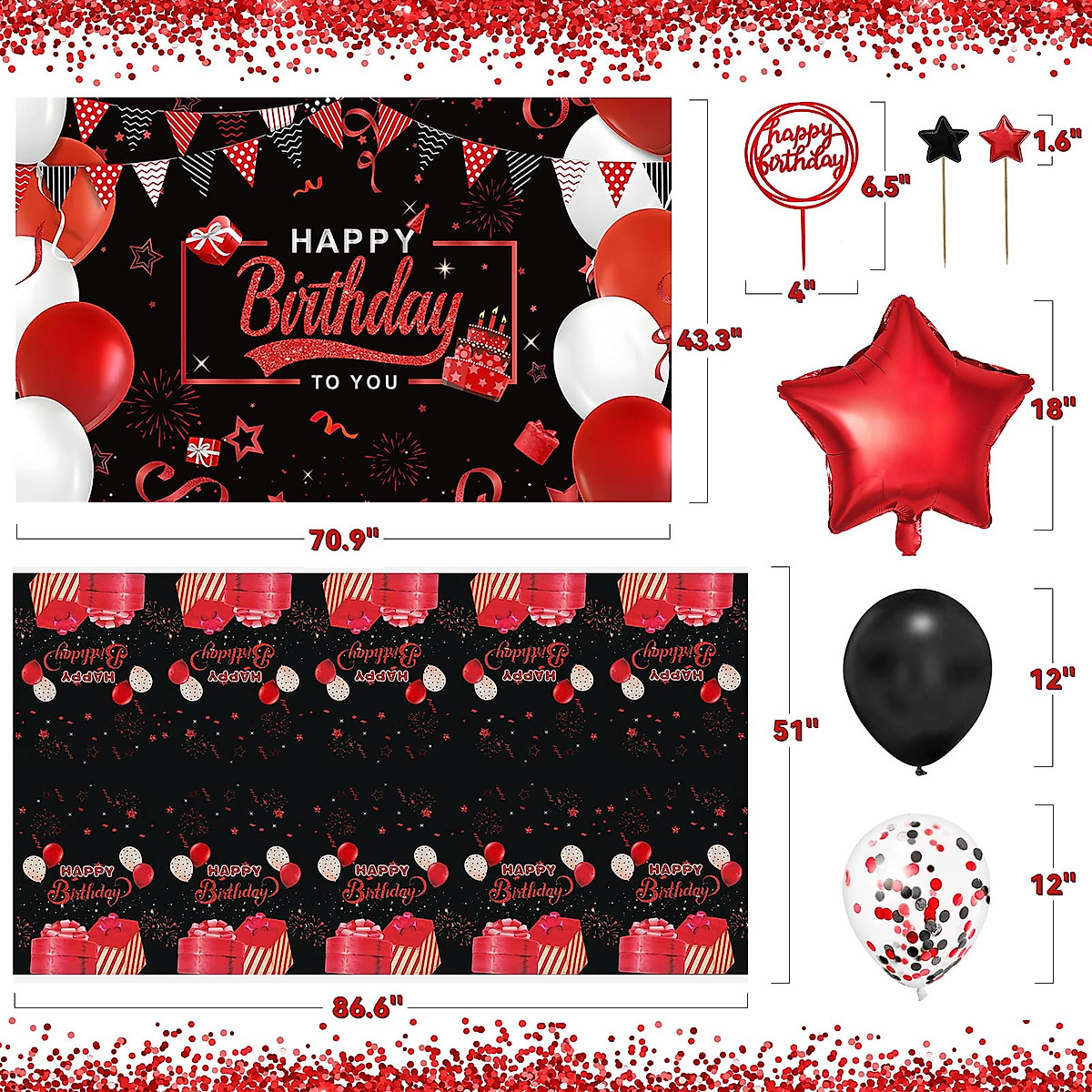 Red Birthday Decorations for Men Women Boys Girls, Red and Black Party Decorations, include Balloons Arch Garland Kit, Happy Birthday Backdrop, Star Foil Balloons, Cake Toppers, Tablecloth