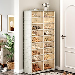 Redlife 9 Tier Foldable Shoe Rack Organizer for Closet, 18-36 Pairs Plastic Shoe Shelf Collapsible Shoes Storage Box, Clear Shoe Boxes with Door, Shoe Cabinet with Lids, Large Tall Shoe Cabinet