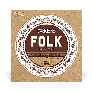 D'Addario Guitar Strings - Folk Nylon Guitar Strings - EJ32C Classical Guitar Strings - Nylon Core, Ball End - Silver Plated Wrap, Clear Nylon Trebles