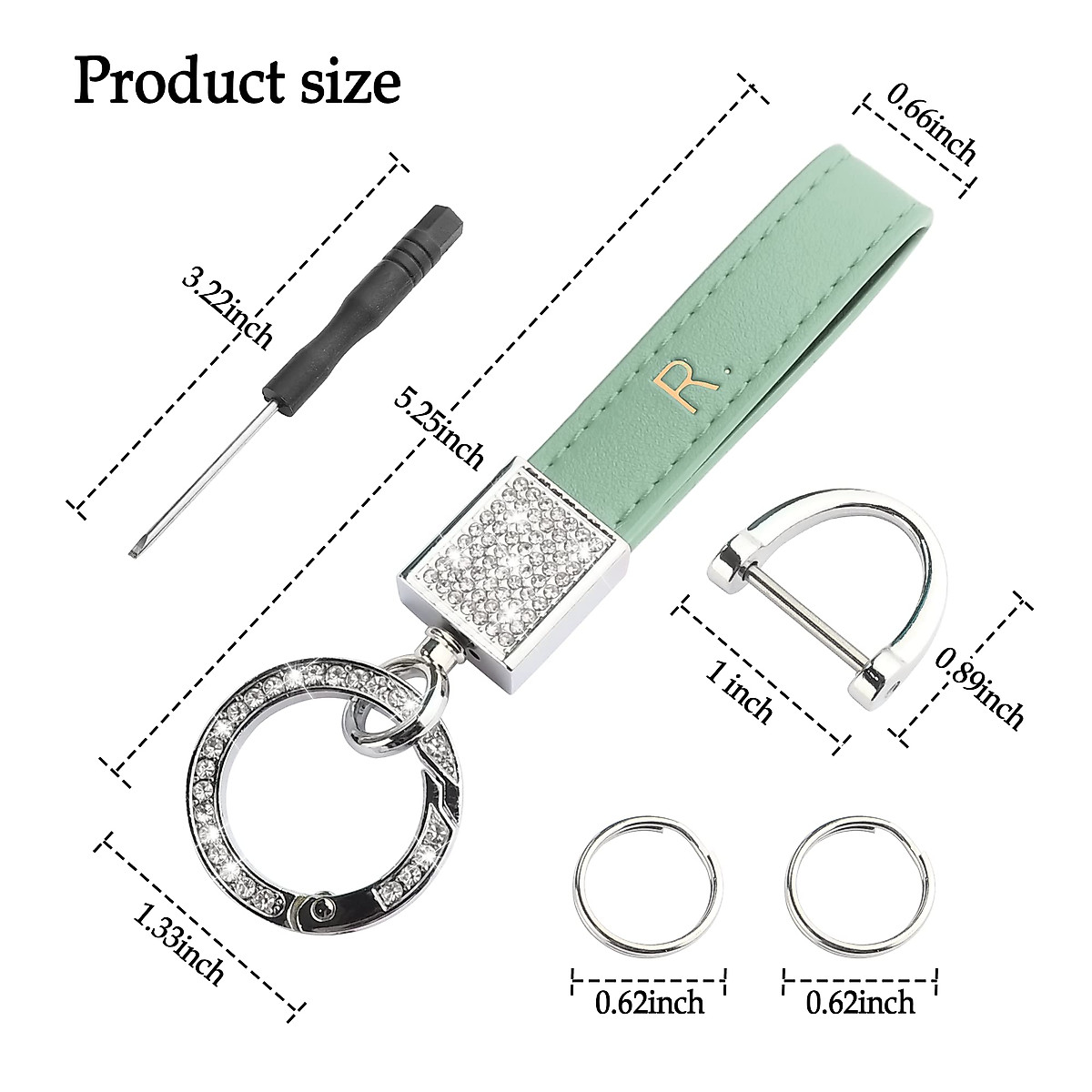 Leather Keychain Bling Keychain for Women Anti-Lost D-Ring Car Keychain Fashion Rhinestone Purse Charms for Handbags (Green)