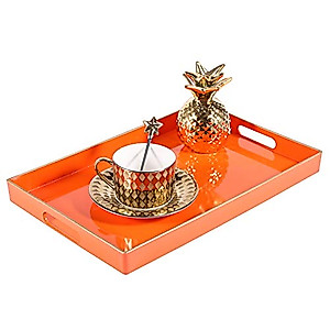 Zosenley Decorative Tray, Rectangular Plastic Tray with Handles, Modern Vanity Tray and Serving Tray for Bathroom, Kitchen, Ottoman and Coffee Table, 15.6” x 10.2”, Orange