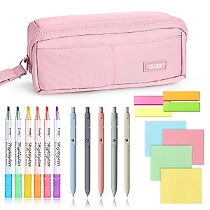 Pencil Case with Supplies, Pink Pencil Pouch Bag with Assorted Colors Highlighters Gel Pens Sticky Notes Tabs, Aesthetic Stationery Set for School Classroom