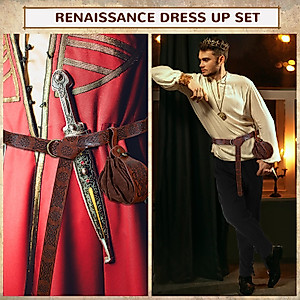 Xtinmee 4 Pcs Halloween Men Renaissance Costume Set Medieval Pirate Viking Costume Shirt Pant Belt Bag(Black, Beige Coffee,Large)