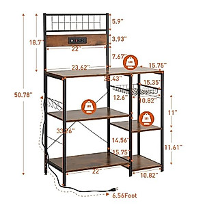 Leesingdo Kitchen Bakers Rack with Power Outlet, Microwave Stand, Coffee Bar Kitchen Storage Rack with Wire Basket, 6 Hooks, Kitchen Shelves for Spices, Pots, and Pans, Rustic Brown