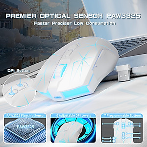 AJ52PRO Wired Wireless Bluetooth Gaming Mouse with RGB LED Backlight Adjustable 10000DPI Ergonomic 7 Programmable Button Rechargeable 800mAh Battery 2.4Ghz USB Receiver for PC Mac PS4 Gamer(StarWhite)