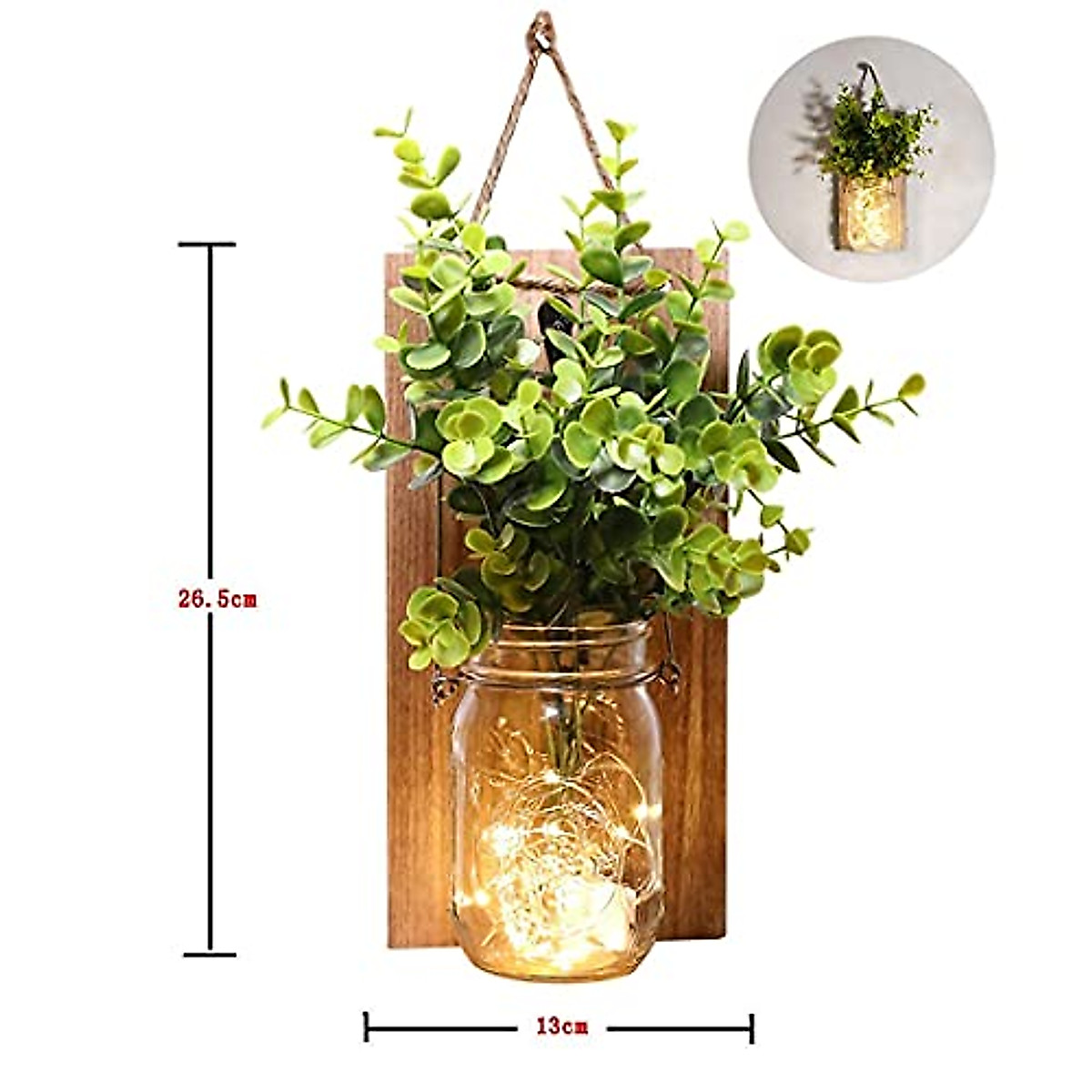 Rustic Wall Sconces, Mason Jar Sconces, Farmhouse Home Decor, LED Fairy Lights, Green Fake Plant, Interior Decoration Warm Toned Lighting. (2 Pack)
