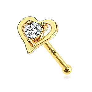 MeIighting 14K Solid Gold Nose Stud 20G Heart Nose Rings Clear Round CZ Nose Piercing Jewelry for Women Men Real Gold