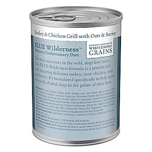 Blue Buffalo Wilderness Natural High Protein Wet Food for Adult Dogs, Turkey & Chicken Grill with Wholesome Grains, 12.5-oz Cans, 12 Count