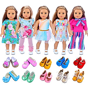 ZITA ELEMENT 11 Pcs American Doll Clothes Dress and Accessories for 18 inch Doll - 5 Sets Doll Outfits + 2 Pairs Random Style Shoes for 18 Inch Doll
