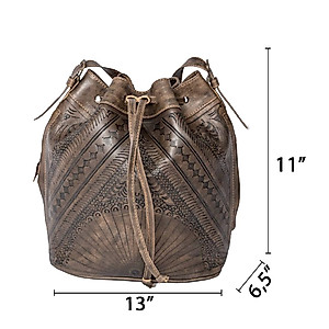 Womens Drawstring Bucket Bag, Genuine Leather Crossbody Bag, Hand tooled, Dark Brown, Handmade Leather Purse